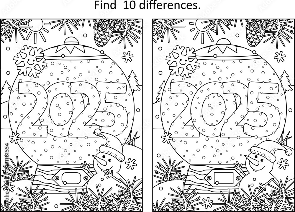 Year 2025 snow globe difference game and coloring page with cute little ...