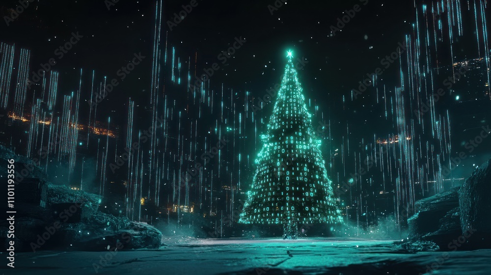 Futuristic digital holiday scene with a glowing Christmas tree of 1s ...