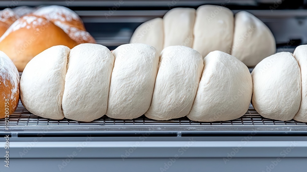 Freshly shaped dough rolls resting on a cooling rack, ready for baking ...
