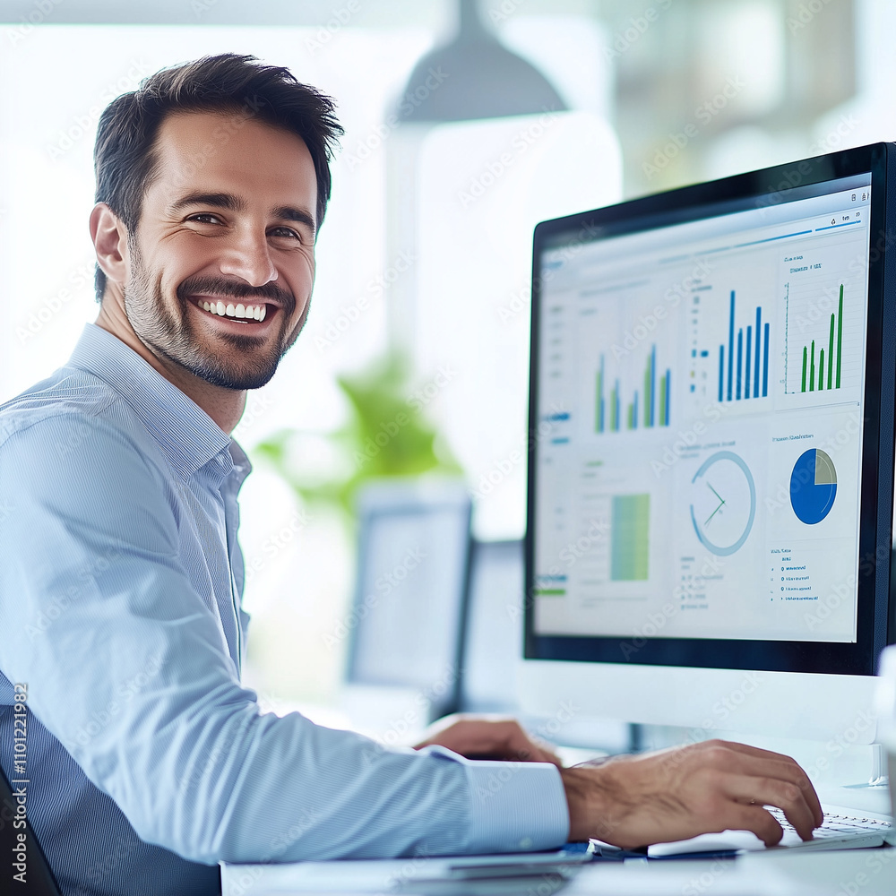 Un técnico de soporte sonriendo mientras ayuda a un cliente a través de ...