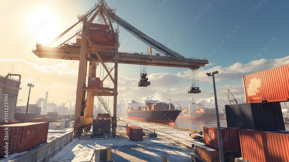 Large mobile crane at port dock, lifting shipping containers and ...