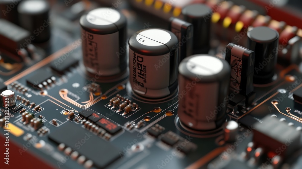 Amplifier circuit featuring capacitors and transistors mounted on a PCB ...