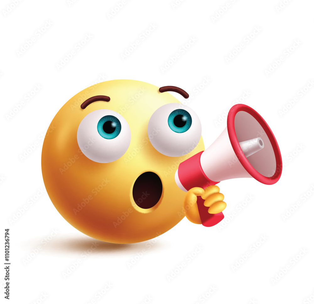 Vetor Attention emoji 3d clipart character. Emoji announcing, holding megaphone, speaking ...