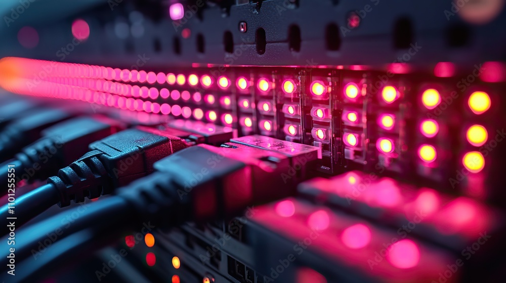 network switch and ethernet cable in rack cabinet network connection ...