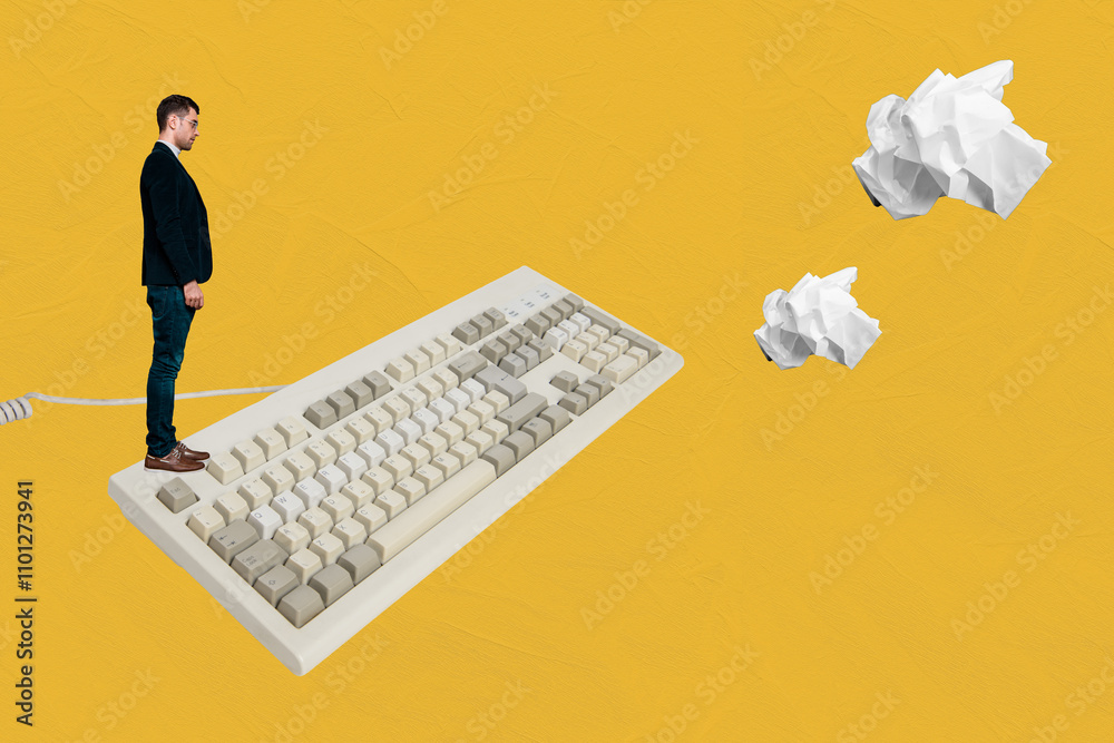 Composite photo collage of serious businessman novelist stand keypad ...