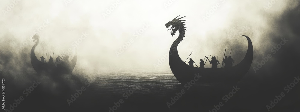 A foreboding image of Vikings in dragon boats, brandishing shields and ...