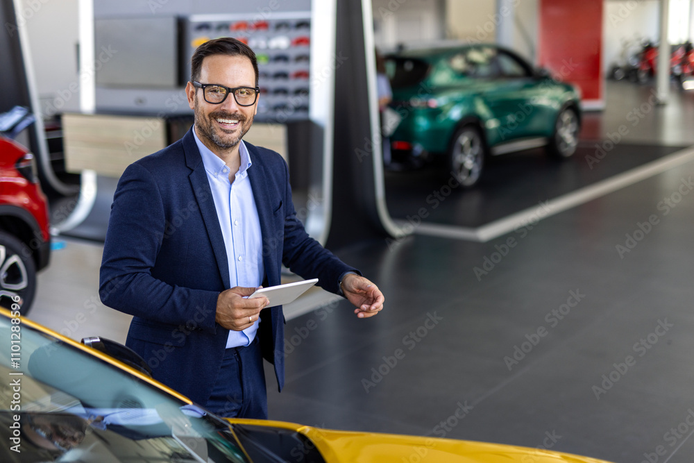 Successful deal in a car showroom. Handsome male car salesman working ...