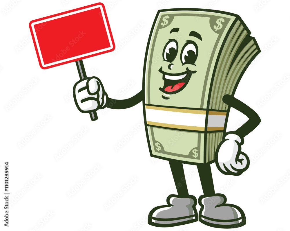 Money Cash with blank sign board, Cartoon Character Mascot Illustration ...