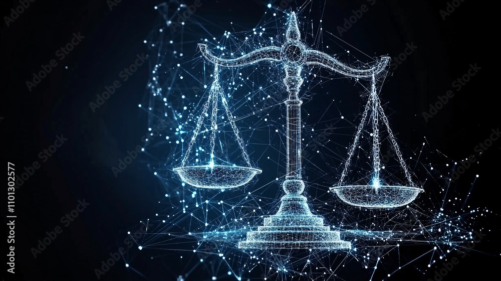 Scales of justice and judge gavel in light blue futuristic monochrome ...