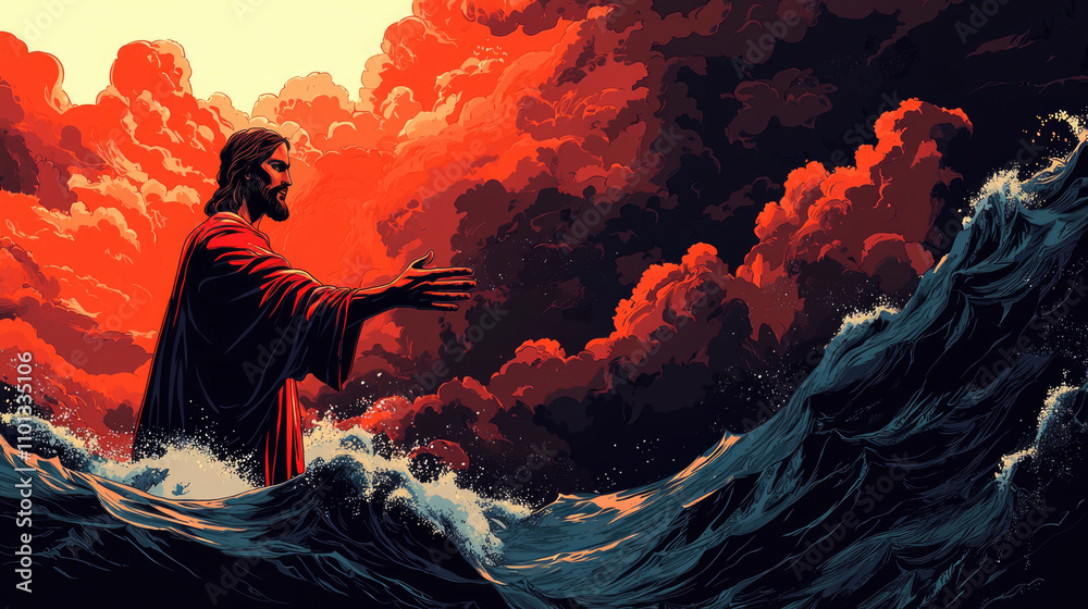 Jesus calms the storm on the Sea of Galilee with outstretched hands ...