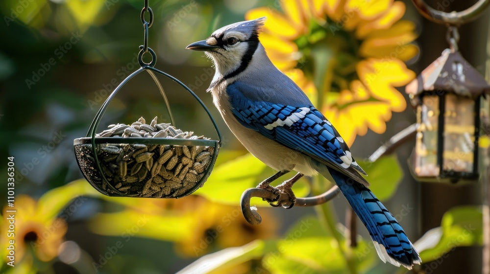 photograph of A blue jay bird perched on the garden accessories next to ...