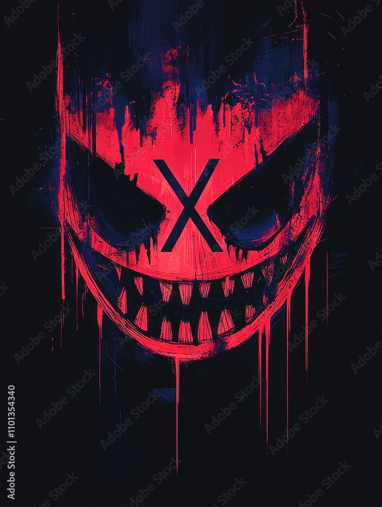 Abstract X-marked demonic face illustration, dark red and black color ...