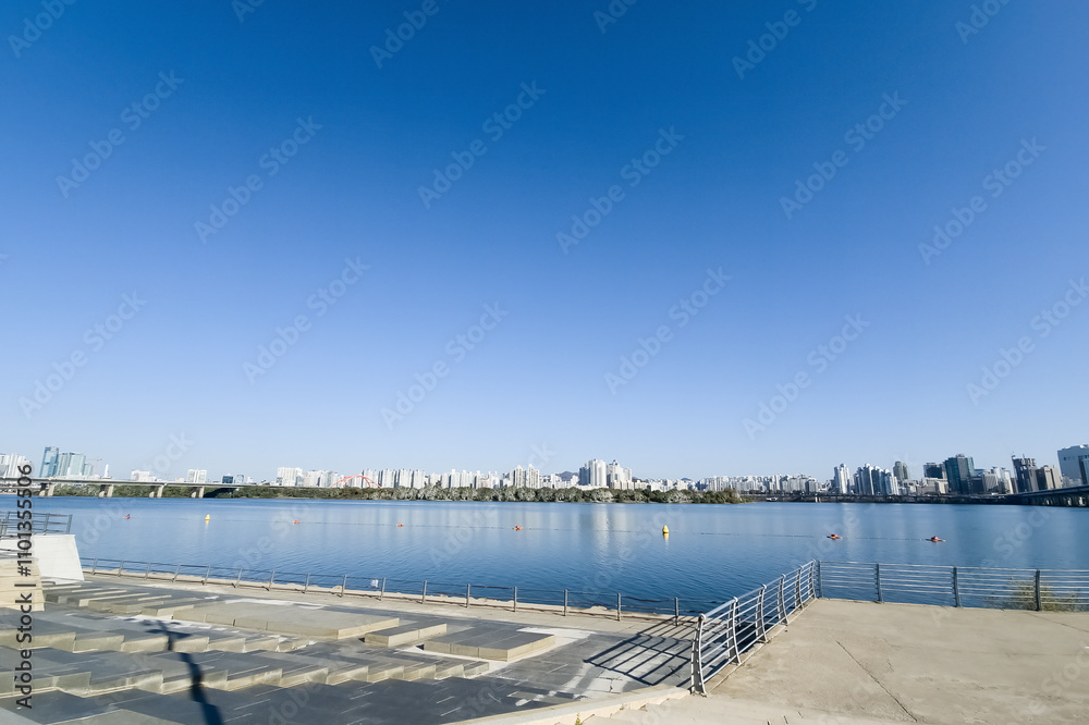panorama view of the river, Yeouido Hangang River Park, in Seoul, Korea ...