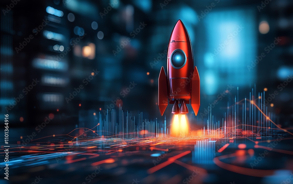 Red rocket ship launching with dynamic graph lines on a blurred office ...