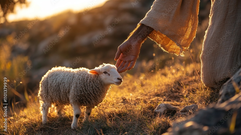 Jesus christ reaching out to rescue the lost lamb in a symbol of ...