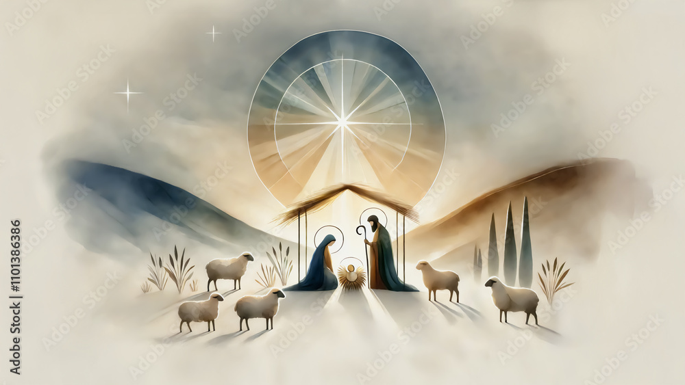 Nativity scene in Bethlehem. Christmas scene. Illustration showing Holy ...