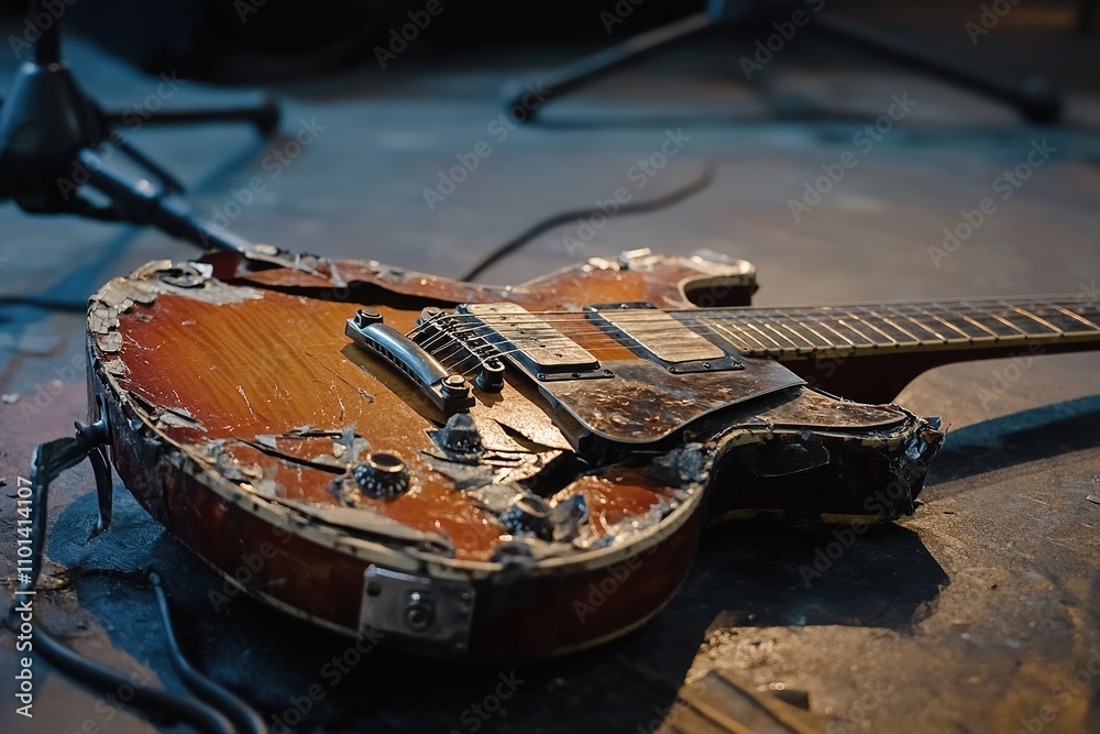 Broken guitar on stage with strings and pick attached Stock Photo ...