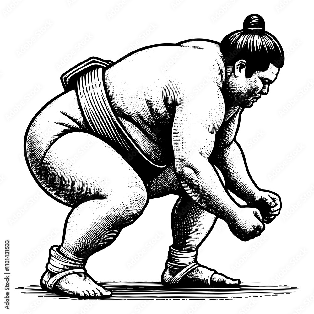 sumo wrestler crouching in a traditional pre-fight stance, emphasizing ...