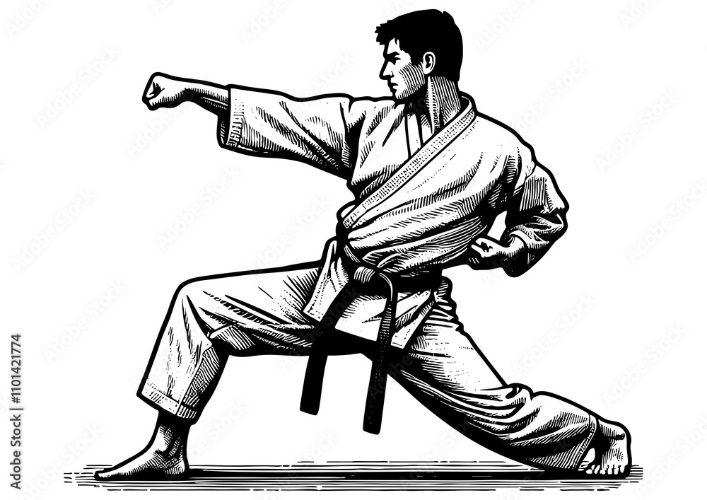 martial artist in a strong karate stance wearing a traditional uniform ...
