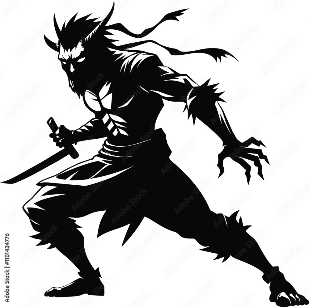 zombie wearing samurai armor action pose side view vector illustration ...