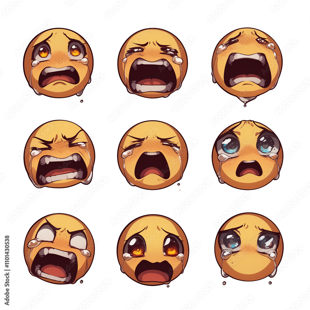 Various crying emojis with different expressions isolated on white ...