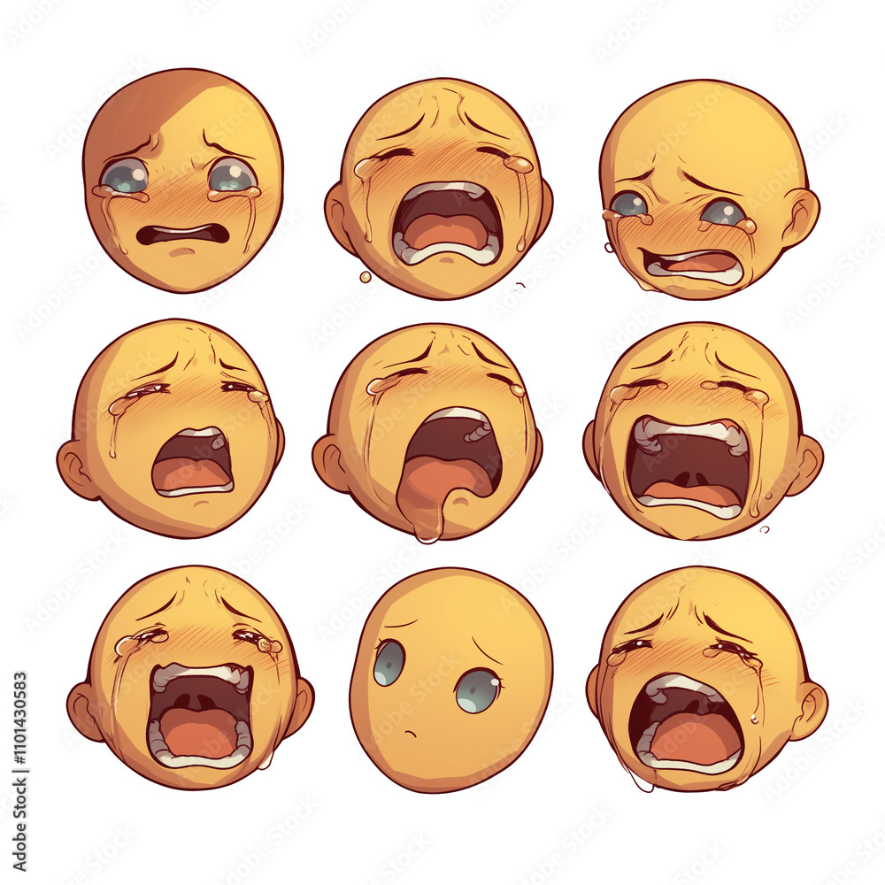 Various crying emojis with different expressions on white background ...
