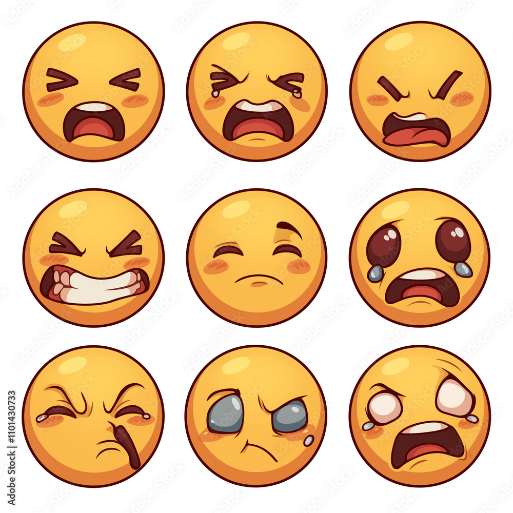 Various embarrassed emojis with different expressions isolated on white ...
