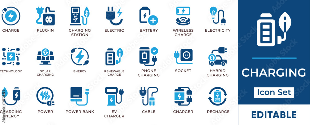 Charging Icon Set. Features editable icons for charging symbols, energy ...