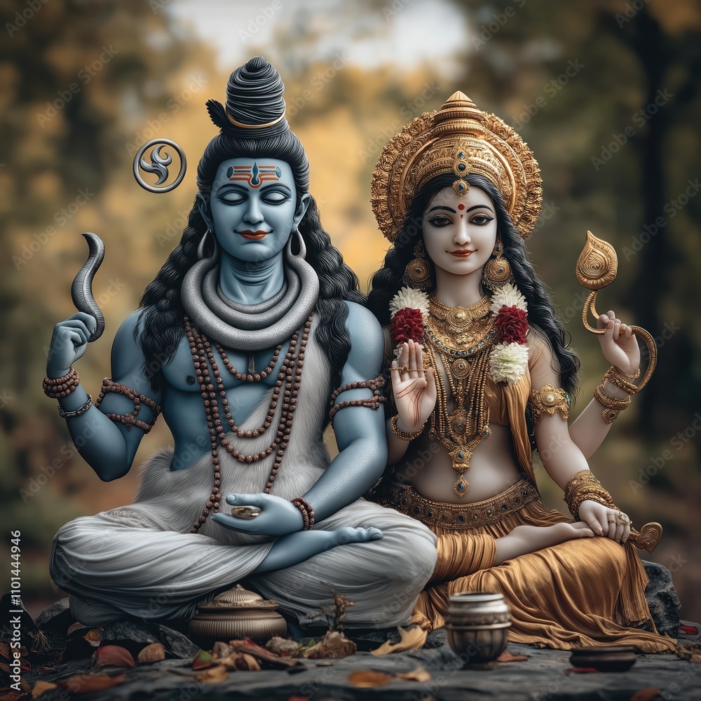 Lord Shiva, Goddess Parvati sit together in serene pose. Hindu deities ...