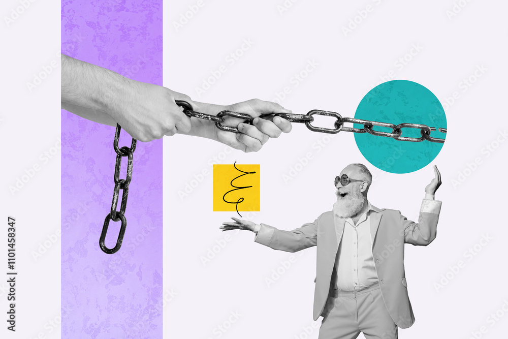 Vertical photo collage of hands pull chain marionette control girl ...