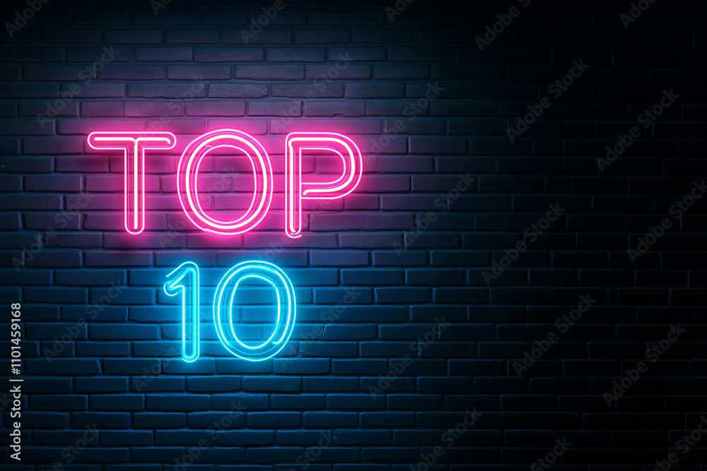 glowing "TOP 10" neon sign shines brightly on a back wall, creating a ...