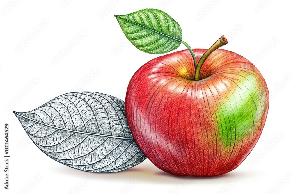 Ripe Apple Leaf Line Art Coloring Page - Hand Drawn Doodle Style Black ...