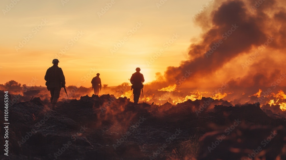 Depict a battlefield at dawn, with smoke rising from the ground ...