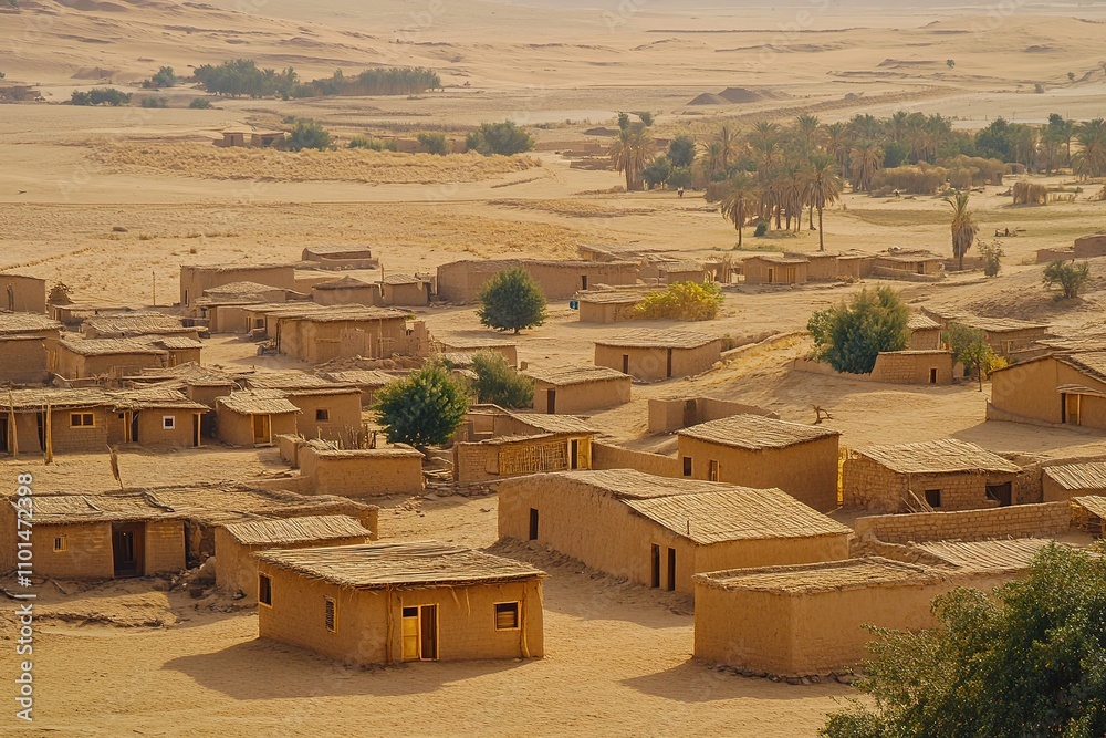 Desert village with mud houses and sparse greenery Stock Photo | Adobe ...