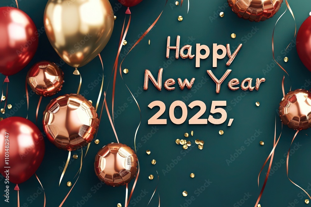 Forest Green and Deep Red New Year 2025 banner, subtle gold balloons ...
