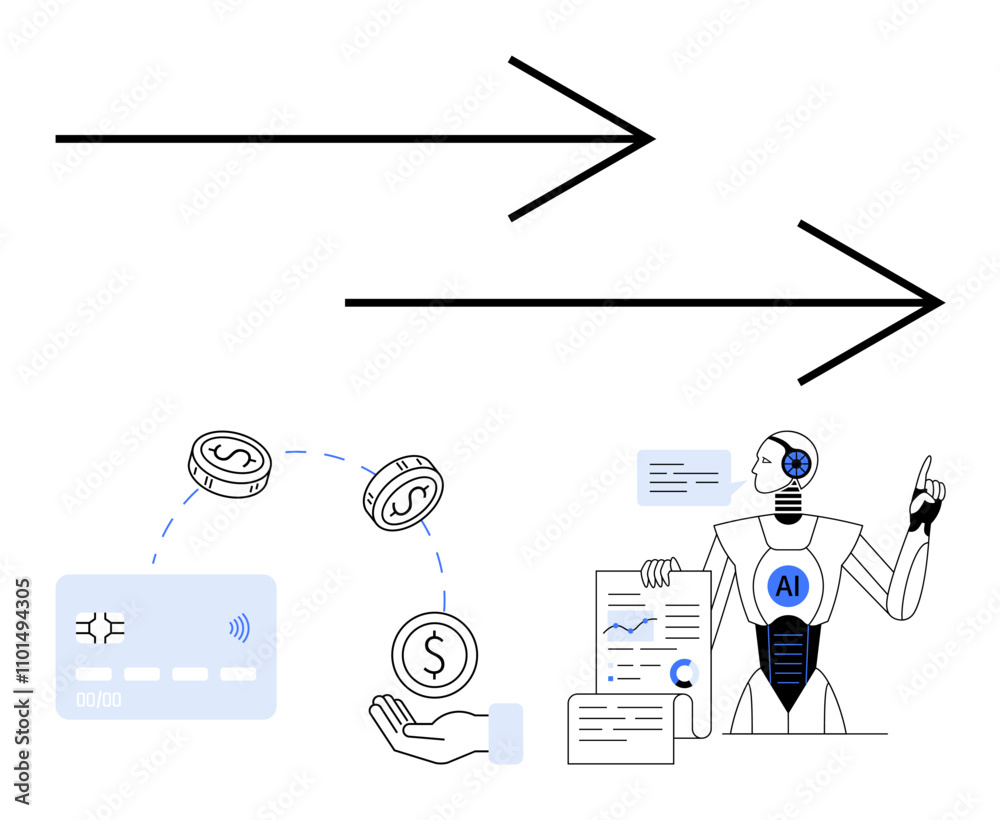 AI robot presenting financial charts, diagrams, and credit card transactions. Showcases ...