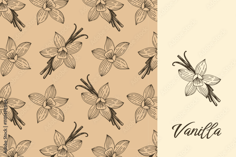 Vanilla label for aromatic spices, pattern with flowers and vanilla ...