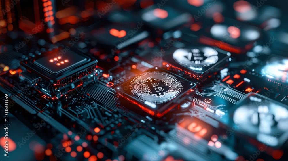 Illustration Stock high performance GPU setup with Bitcoin symbols and ...