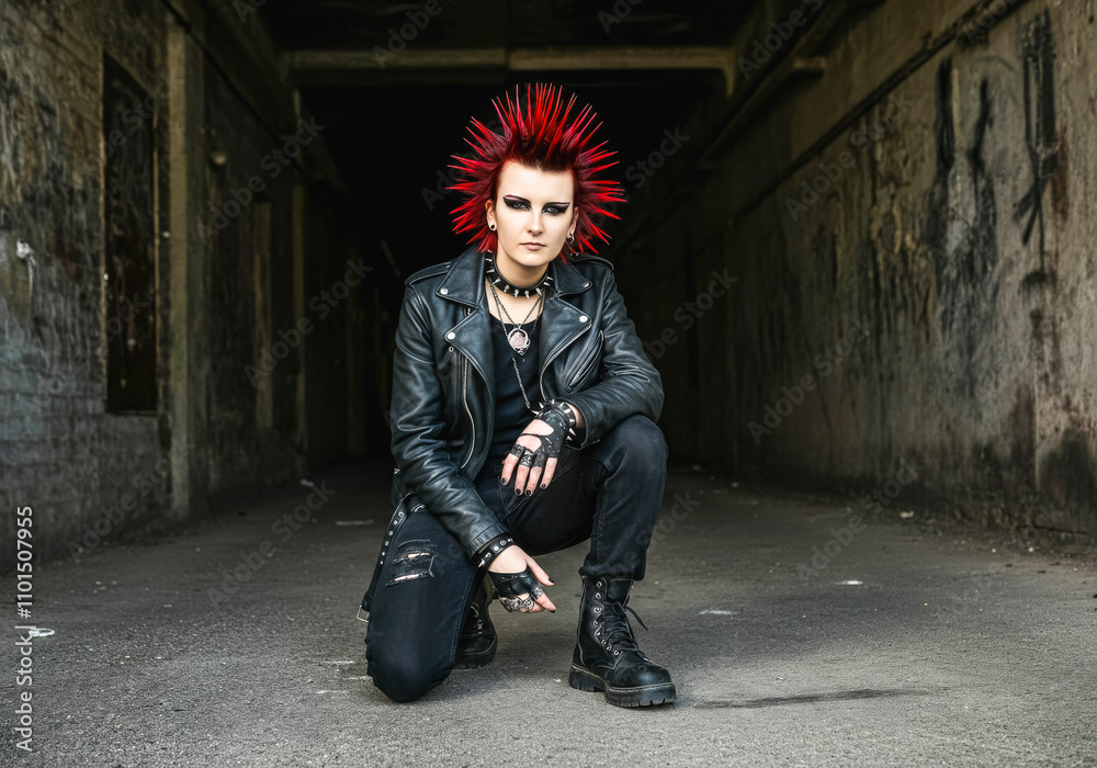 Edgy punk fashion in urban alleyway - bold red mohawk and leather ...