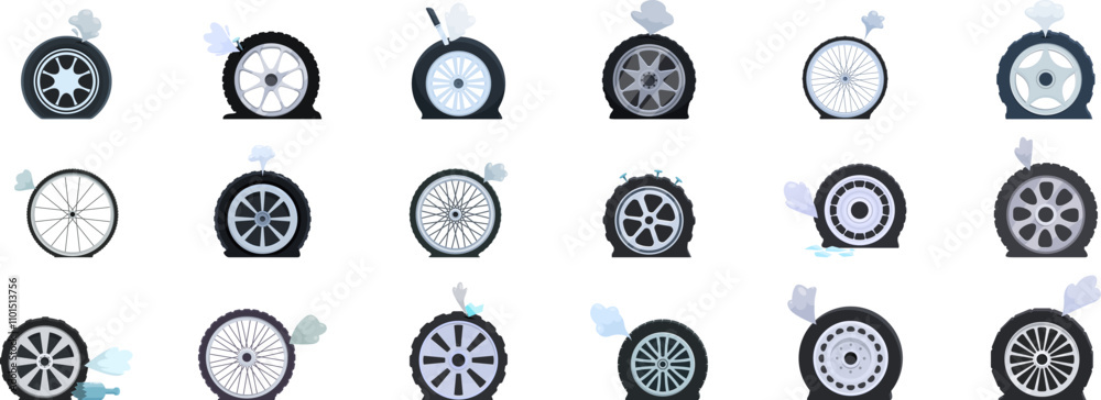 Punctured wheel icons set. Punctured wheels losing air rapidly ...