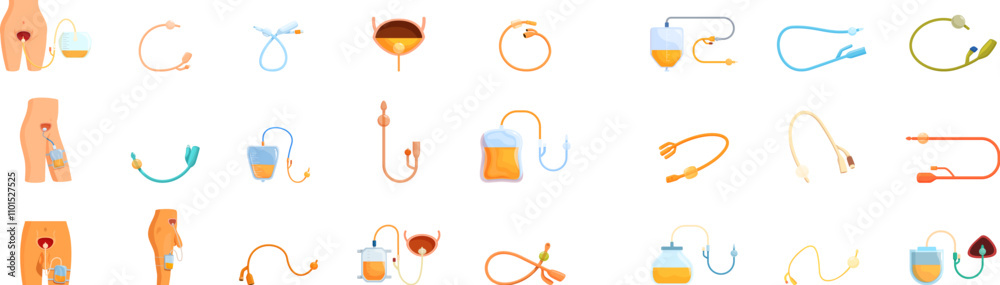 Urinary catheter icons set. Collection of urinary catheter and drainage system icons ...