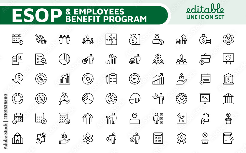 Outline icons about ESOP employee stock ownership plan. Contains such ...