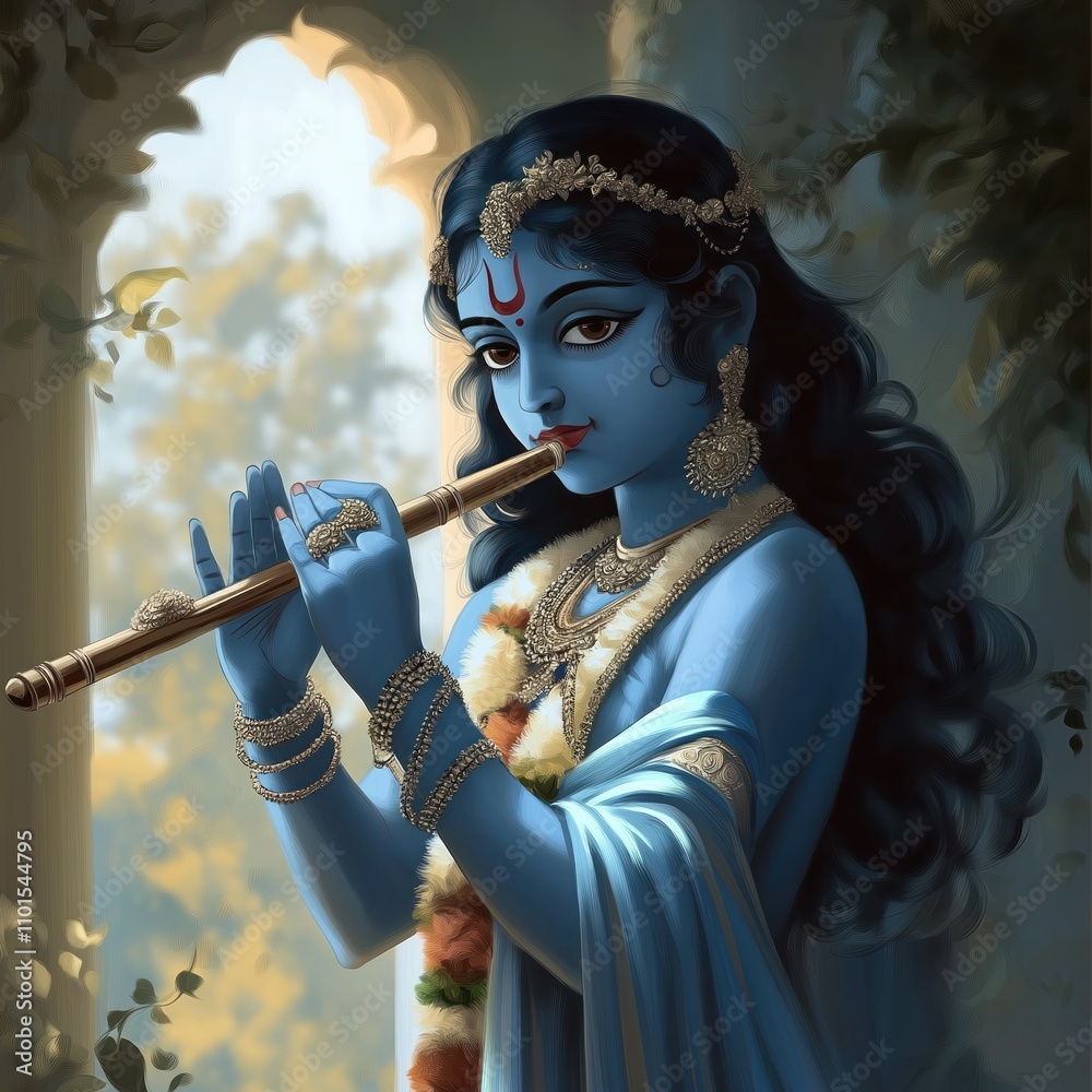 Beautiful illustration of Lord Krishna playing flute. Krishna Hindu god ...