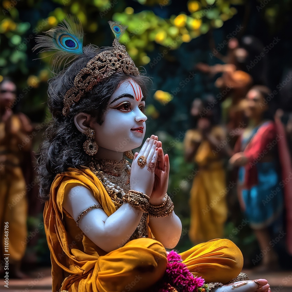 Cute Krishna statue in prayer pose. Deity dressed in yellow clothes ...