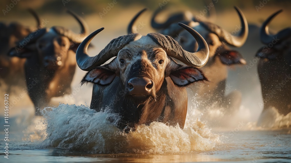 African buffalo herd runs through water in savanna. Wildlife photo ...
