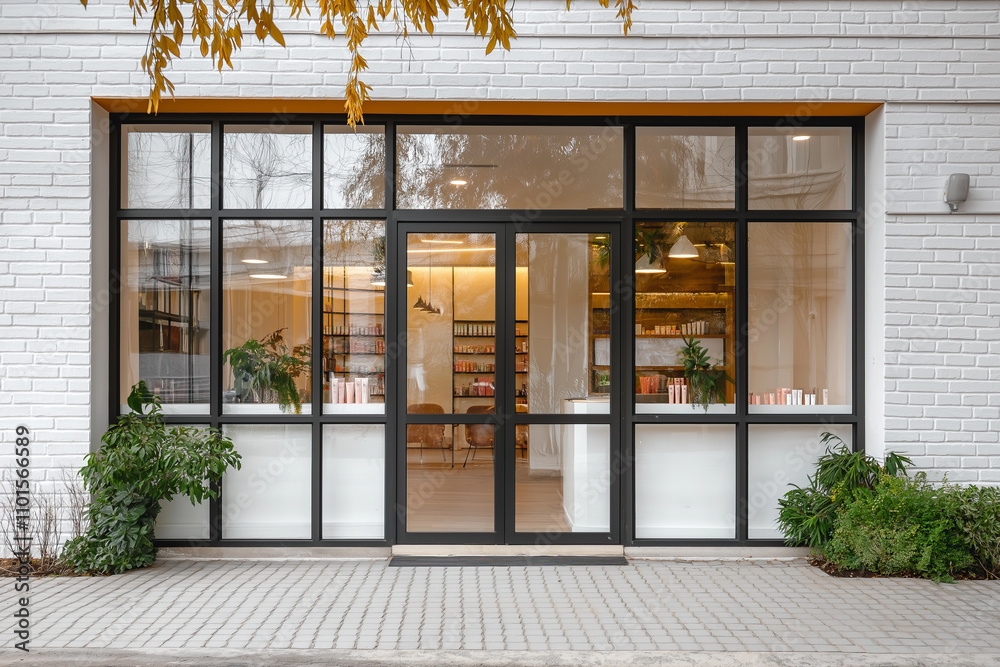 Modern Manicure Salon Facade with Large Glass Windows and Minimalist ...
