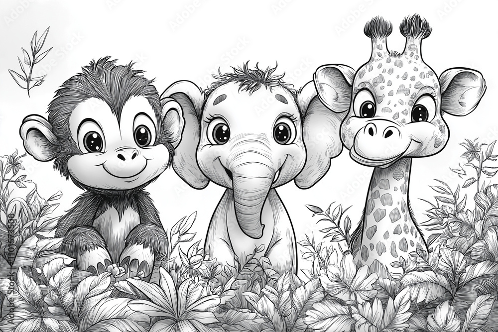 illustration, animaux de la jungle, coloriage enfant, à imprimer, noir ...