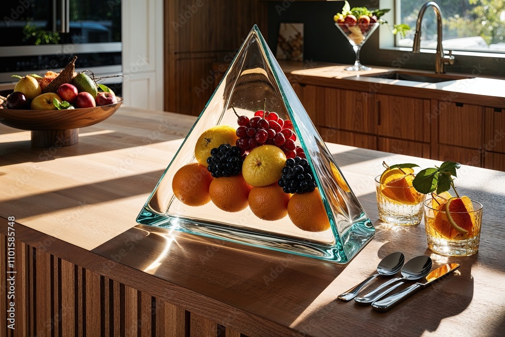 Stylish Triangular Glass Vase on Oak Island Displaying Vibrant Fruit ...