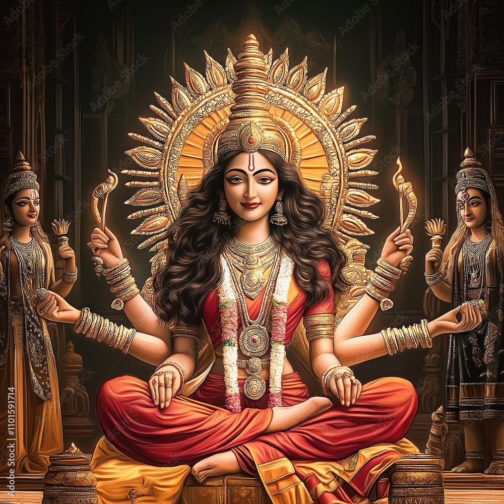 Hindu goddess Durga illustration. Goddess sits in pose. Golden crown ...