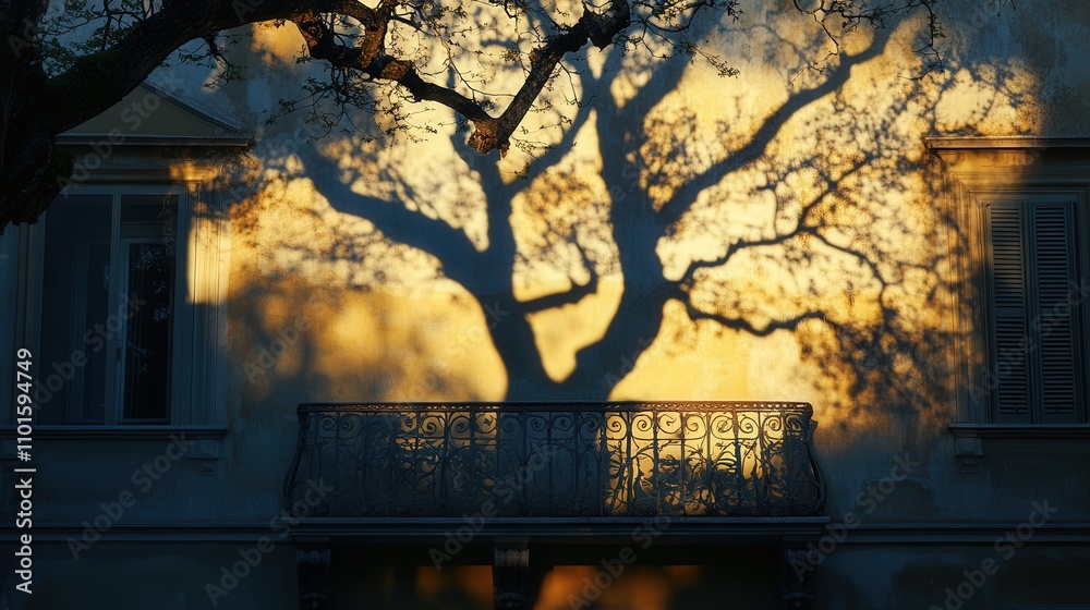 shadow cast by a large tree on a building's wall, with the balcony ...